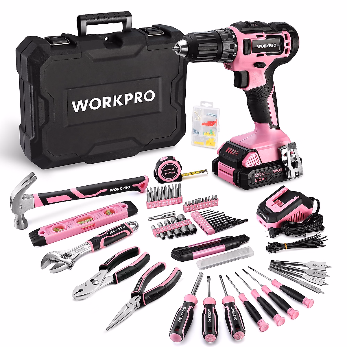 WORKPRO 20V Pink Cordless Drill Driver and Home Tool Set, 141PCS Hand Tool Kit for DIY, Home Maintenance, 2.0 Ah Li-ion Battery, 1 Hour Fast Charger, and Tool Box Included - Pink Ribbon