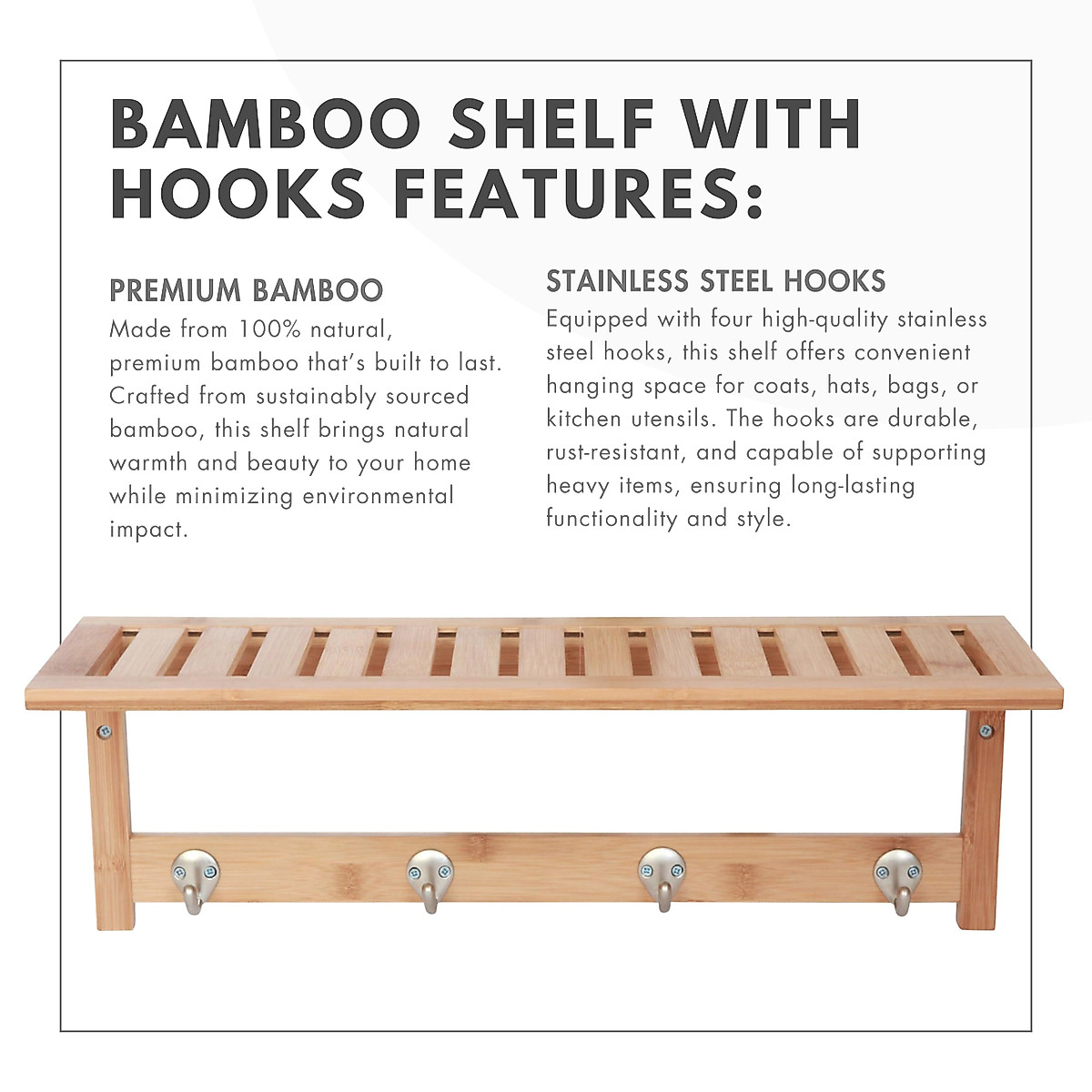 ToiletTree Products 100% Bamboo Wooden Natural Shelf with 4 Stainless Steel Hooks