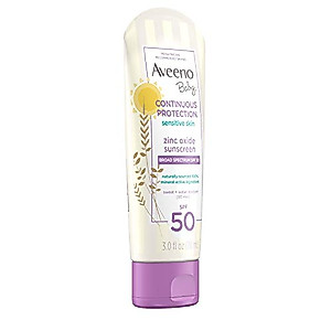 Aveeno Baby Continuous Protection Zinc Oxide Mineral Sunscreen Lotion for Sensitive Skin with Broad Spectrum SPF 50, Tear-Free, Sweat- & Water-Resistant, Travel-Size, 3 fl. Oz