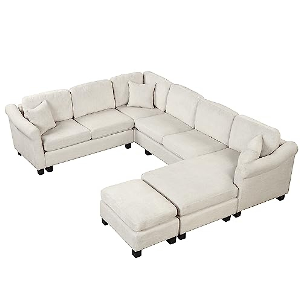 HAUSHECK 4 Pieces Sofa with Ottoman & Right Side Chaise, U Shaped Sectional Couches Living Room Furniture Set, 91.3" D x 122.1" W x 25.6" H, White