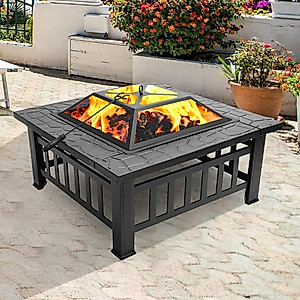 Fire Pit, 32” Outdoor Metal Fire Pit Table with Durable Steel Frame, Poker & Mesh Cover, Wood Burning Square Fireplace Backyard Patio Stove for Camping Picnic Bonfire BBQ, Black