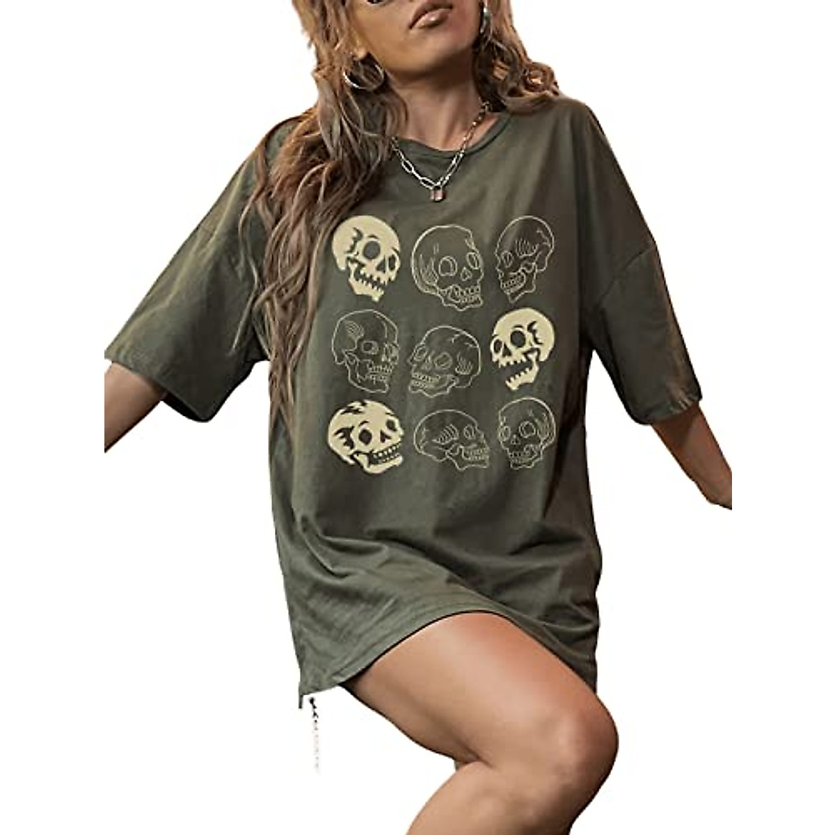WDIRARA Women's Skull Print Half Sleeve Drop Shoulder Oversized Tee Casual T Shirts Army Green L