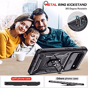 LeYi for Google Pixel 6 Case: Phone Case for Pixel 6 with Slide Camera Cover + [2 Packs] Tempered Glass Screen Protector, Full Body Military-Grade Heavy Duty Shockproof Ring Holder Stand Case: Black