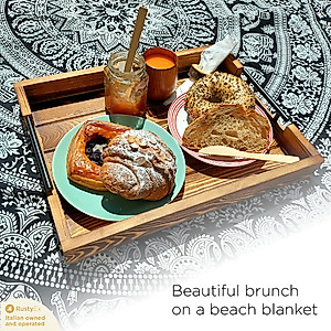 RustyEx Pine Wood Serving Tray - Metal Handles Rectangular Breakfast Tray 17x13x2 inches with Extra Bamboo Cutlery Sets, Rustic Coasters, Elegant Napkin Holders Good for Eating, Working, Storing