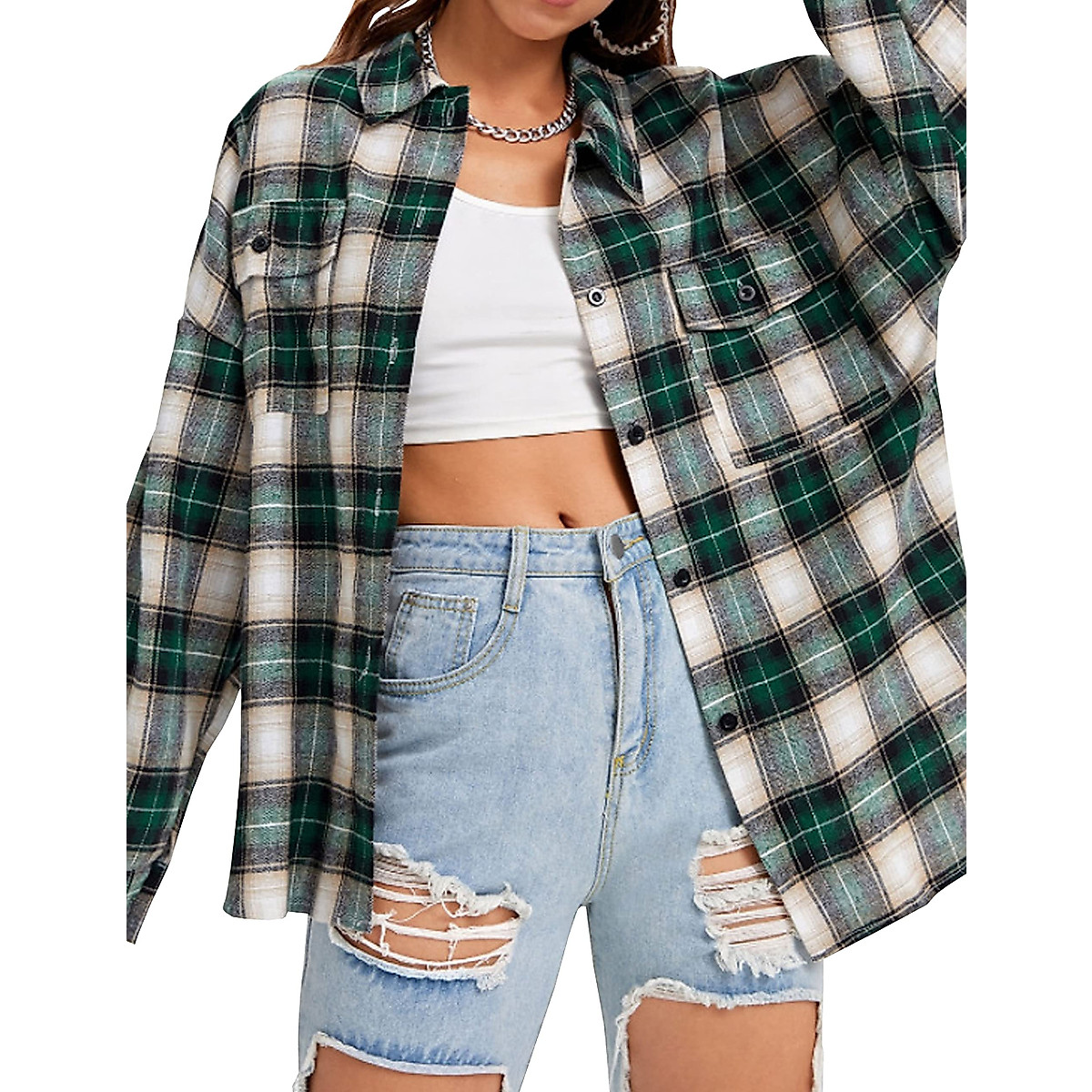 Lumister Womens' Spring Oversized Flannel Plaid Shirt Long Sleeve Drop Shoulder Lapel Button Down Shirt Blouse Tops(0075-Olive-L)