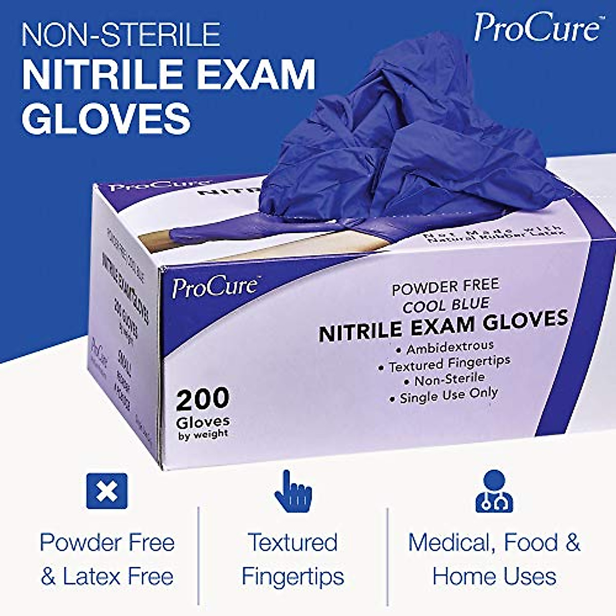 ProCure Disposable Nitrile Gloves Medium, 200 Count - Powder Free, Rubber Latex Free, Medical Exam Grade, Non Sterile, Ambidextrous - Soft with Textured Tips - Cool Blue
