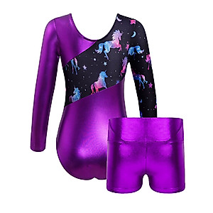 winying Kids Girls Long Sleeve Unitard Bodysuit with Shorts Fitness Gymnastic Leotard Dancewear Purple 6 Years