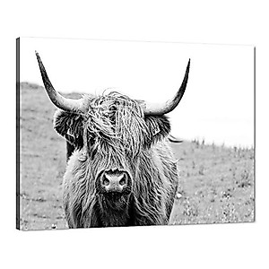 Highland Cow Decor Cute Animal Vintage Picture Modern Canvas Wall Art HD Cow Wall Art Poster Farmhouse Style Highland Cow Pattern Living Room Wall Decor With Wooden Frame for Hang - 44''W x 28''H