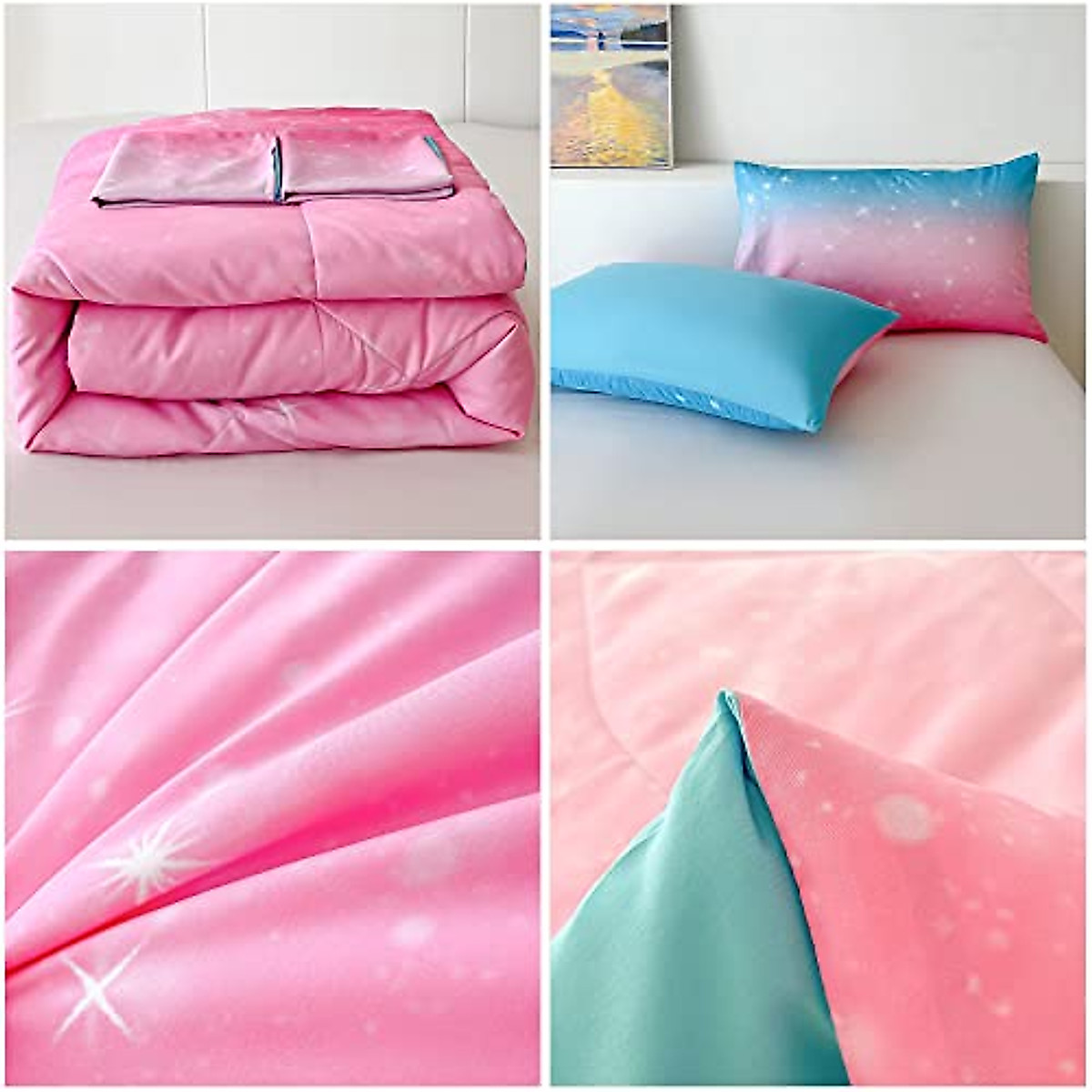 Rainbow Pink Glitter Stars Kids Comforter Set for Girls Queen Size Bedding Set 3 Piece Bed in A Bag Lightweight Quit Blue Gradient Sparkle Mermaid Galaxy Duvet Set for Kids Boys with 2 Pillowcases