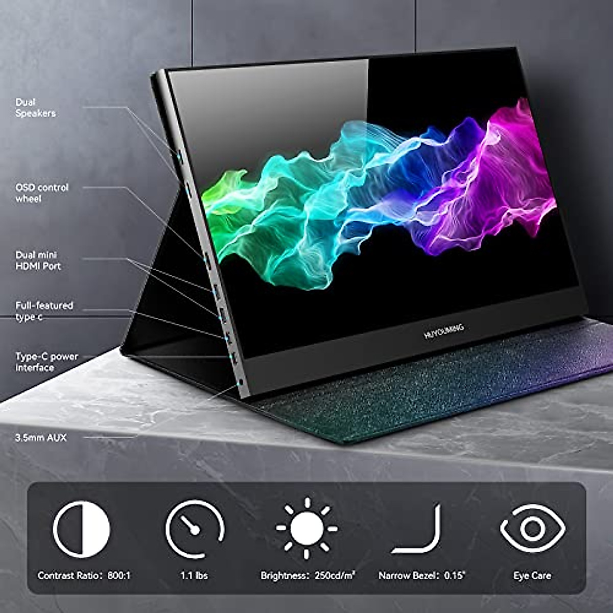 huyouming Portable Monitor - 13.3" 1080P FHD USB-C Laptop Monitor IPS HDMI Gaming Monitor - Narrow Bezel Travel Monitor with Smart Cover, Slim Computer Display External Monitor for Laptop Phone