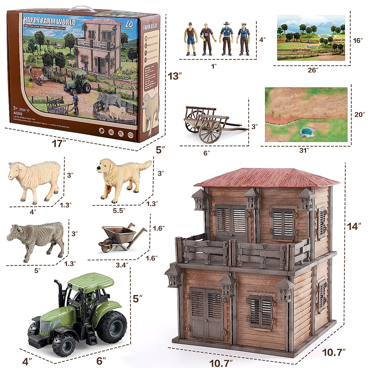 Lucky Doug Farm Animal House Toys Playset for Kids Toddlers Ages 3-8, 187 PCS Farm Building Toys Farmhouse Figures Pretend Play Set with 4 Animals, 4 Figures, A Tractor, 11" L x11 W x 14" H