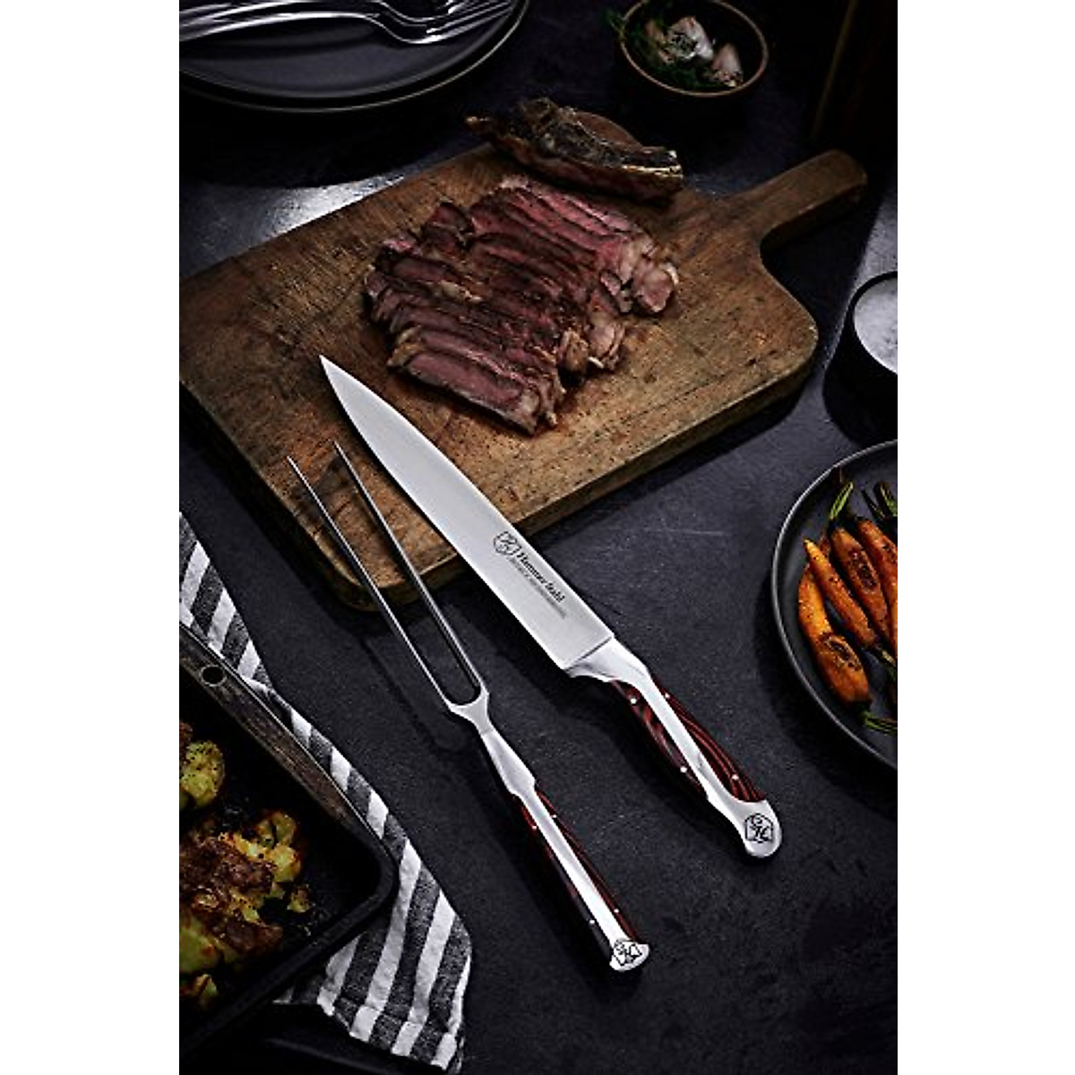 Hammer Stahl Carving Knife and Fork Set | German Forged High Carbon Stainless Steel Carving Set | Professional Carving Knife for Meat, Turkey & Brisket | Ergonomic Quad-Tang Pakkawood Handle