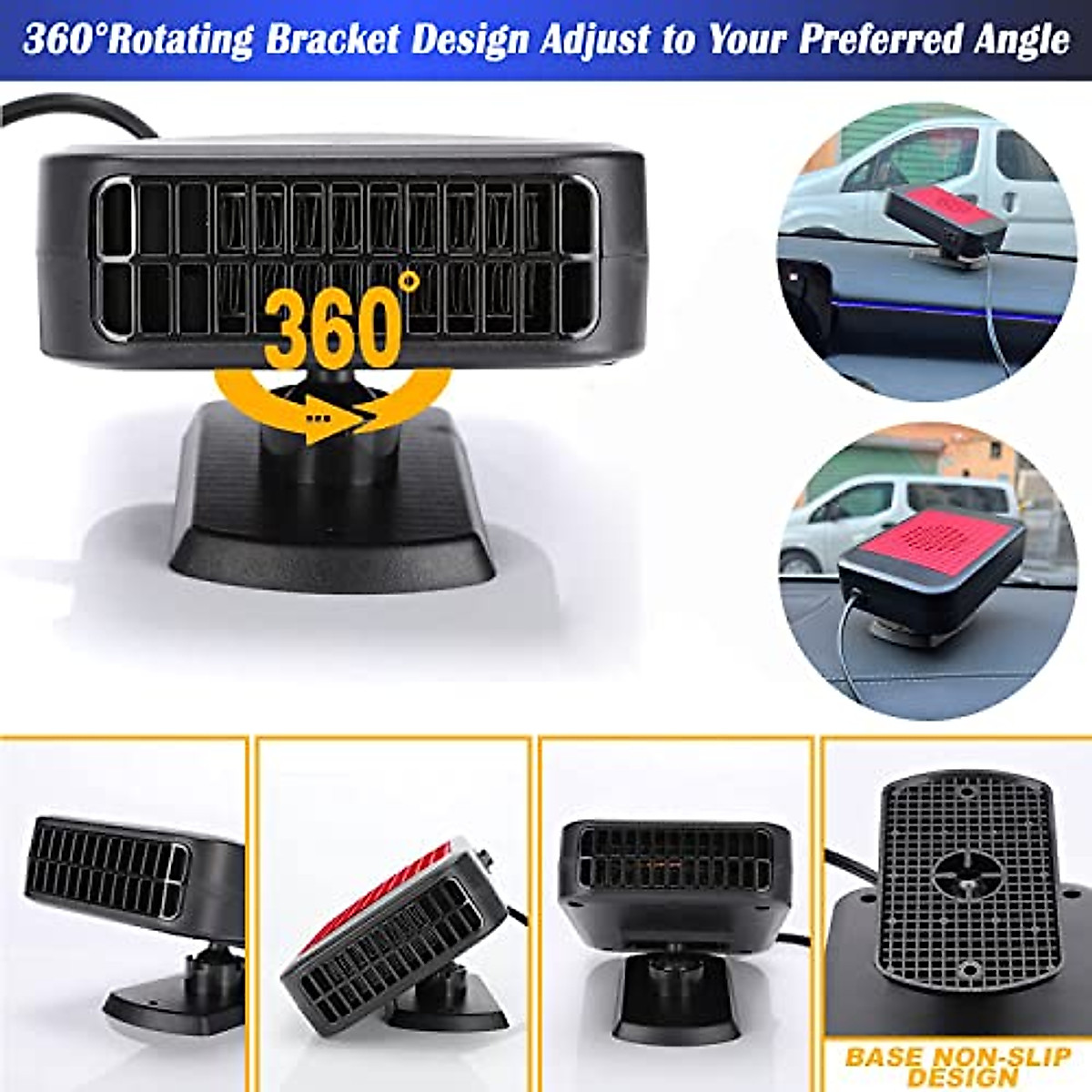 Car Heater Fan, 12V 200W Fast Heating Defrost Defogger 360 °Rotatable 2 in 1 Fast Heating & Cooling Function Defrosting Electric Heater Fan with Cigarette Lighter Plug
