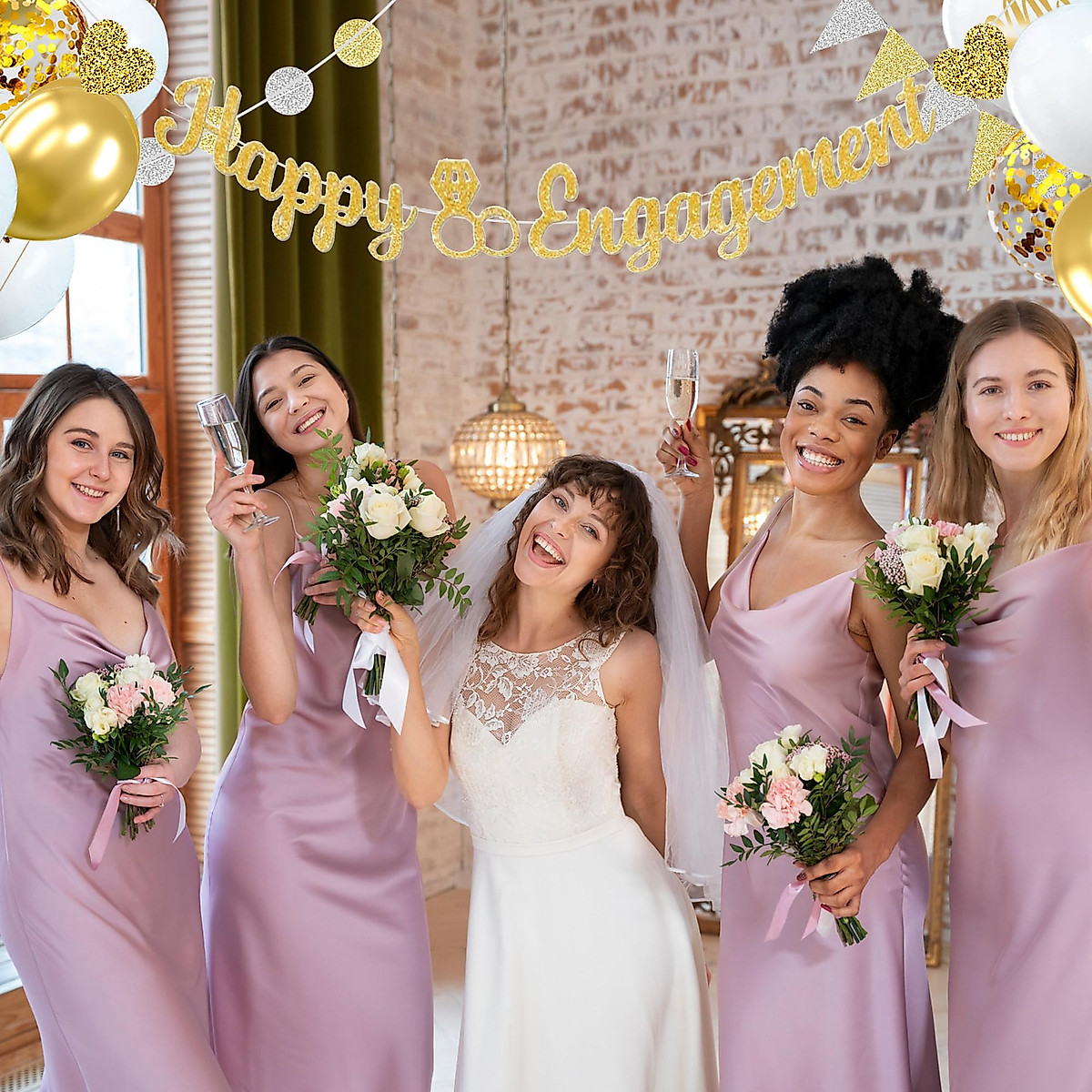 BANBALLON Engagement Party Decorations Gold and White Banner Balloons Cake Toppers Mrs and Mr Balloons Decorations for Engagement Theme Party Wedding Bridal Party Decorations Supplies (Style 01)