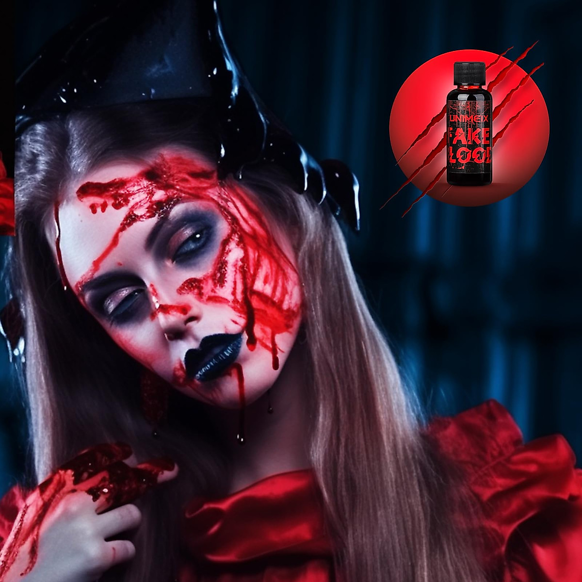 UNIMEIX 1 OZ Fake Blood Makeup Kit Fake Blood Gel Washable Sfx Makeup for Clothes Mouth Eyes，Stage Blood for Halloween Zombie Vampire Cosplay Party