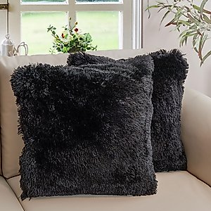 Cheer Collection Throw Pillows for Couch and Bed, Soft Shaggy Throw Pillows with Inserts Included, Cozy Long Hair Faux Fur Pillows - Set of 2-18" x 18" - Black
