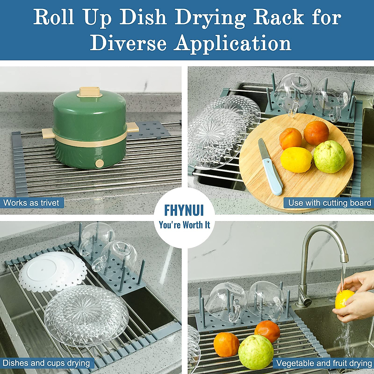 FHYNUI Roll Up Dish Drying Rack Over The Sink, 12.6"x22.9" Adjustable Foldable Sink Rack Stainless Steel Multipurpose Dish Drainer Drying Mat for Kitchen Counter with Cup Holder