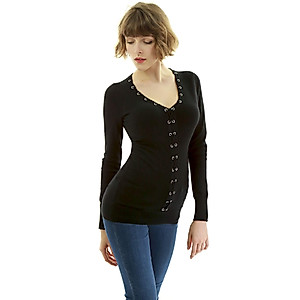 AmélieBoutik Women V Neck Eyelet Trim Long Sleeve Sweater (Black Medium)