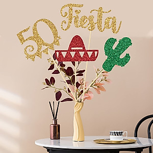Fiesta 50th Centerpiece Sticks,Happy 50th Birthday Anniversary Decorations,Taco Bout Fifty Sign/Mexican 50th Birthday Party Decorations 12 Pieces Gold Green Red