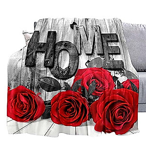 LUVIVIHOME Red Rose Blanket, Rustic Farmhouse Romantic Flower Floral Throw Blanket, Grey Blanket, Cozy Soft Fuzzy Warm Flannel Fleece Blanket for Couch, Sofa, Valentine's Day Gifts for Women, 30"x40"