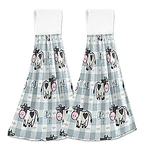 xigua Cute Cow Kitchen Hanging Towel 2PCS,Soft Absorbent Hand Towel Home Decorative Wipe a Towel with Hook & Loop Hanging Tie Towel for Kitchen, Bathroom, Toilet, etc