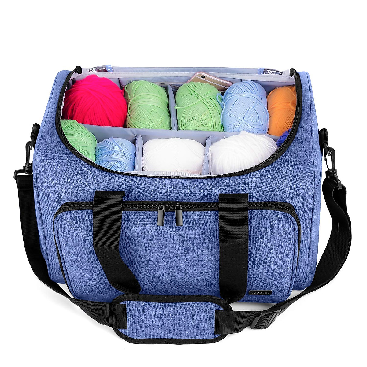 Teamoy Knitting Bag with Inner Detachable Divider, Yarn Storage Crochet Bag for Unfinished Projects, Crochet Hooks and Other Accessories, Dark Blue