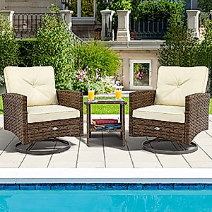 YITAHOME 3-Piece Patio Outdoor Wicker Bistro Rocking Furniture Conversation Chairs for Garden, Backyard and Balcony (Tan Chairs + Off- White Cushions)