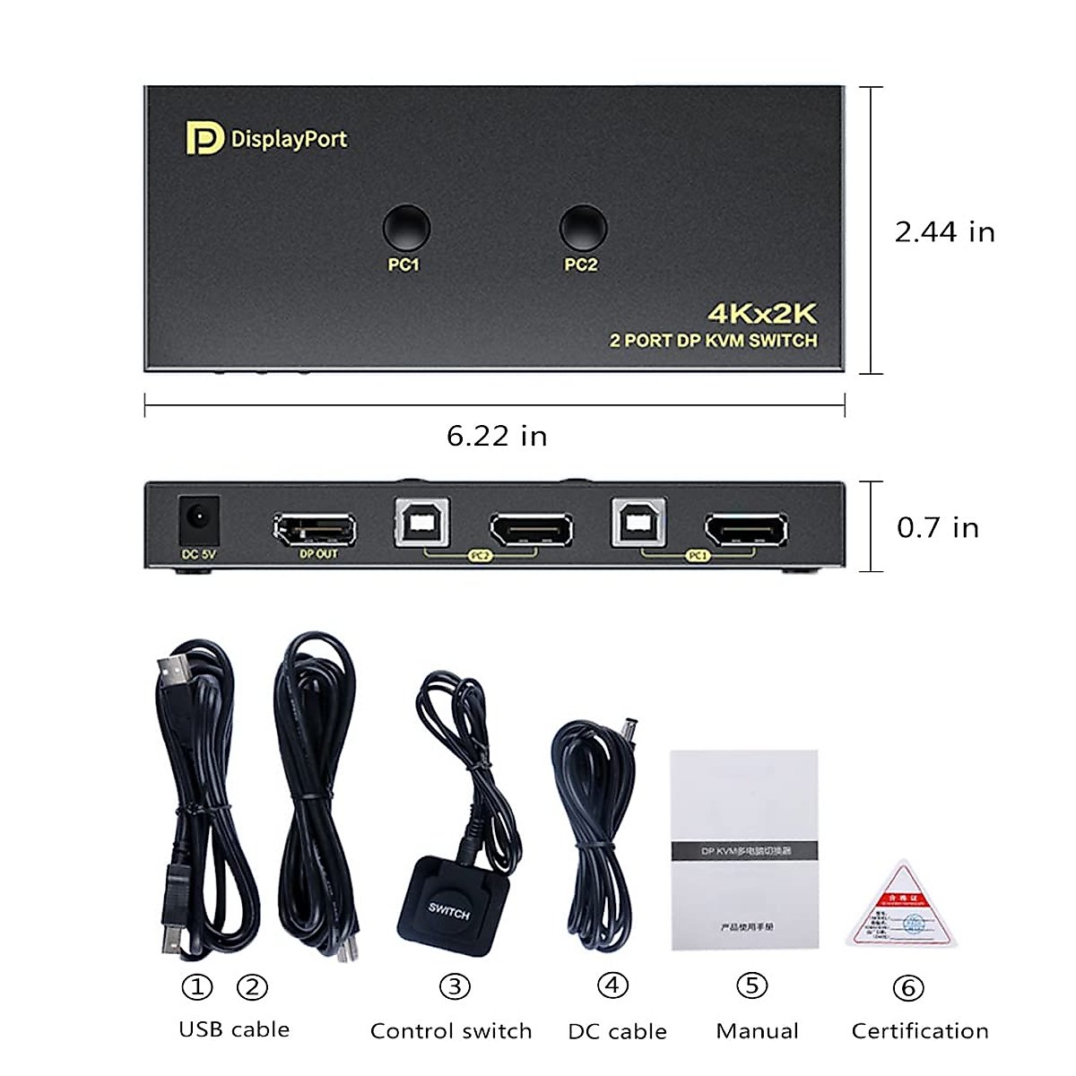 DP KVM Switch 1 Monitors 2 Computers, 2 Port Displayport KVM Switch Share USB 2.0 Devices with 3 USB Hub for 4K@60Hz, 2K@144Hz, 2K@120Hz with Extension Control Switch and 2 USB Cable