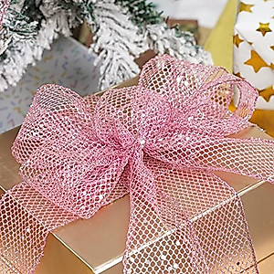 HUIHUANG Pink Glitter Wired Ribbon Web Mesh Ribbon Wired Metallic Sparkling Wire Edge Ribbon for Gift Wrapping Wreaths Making Christmas Tree Topper Bows Home Decor DIY Crafts -2.5" x 10 Yards