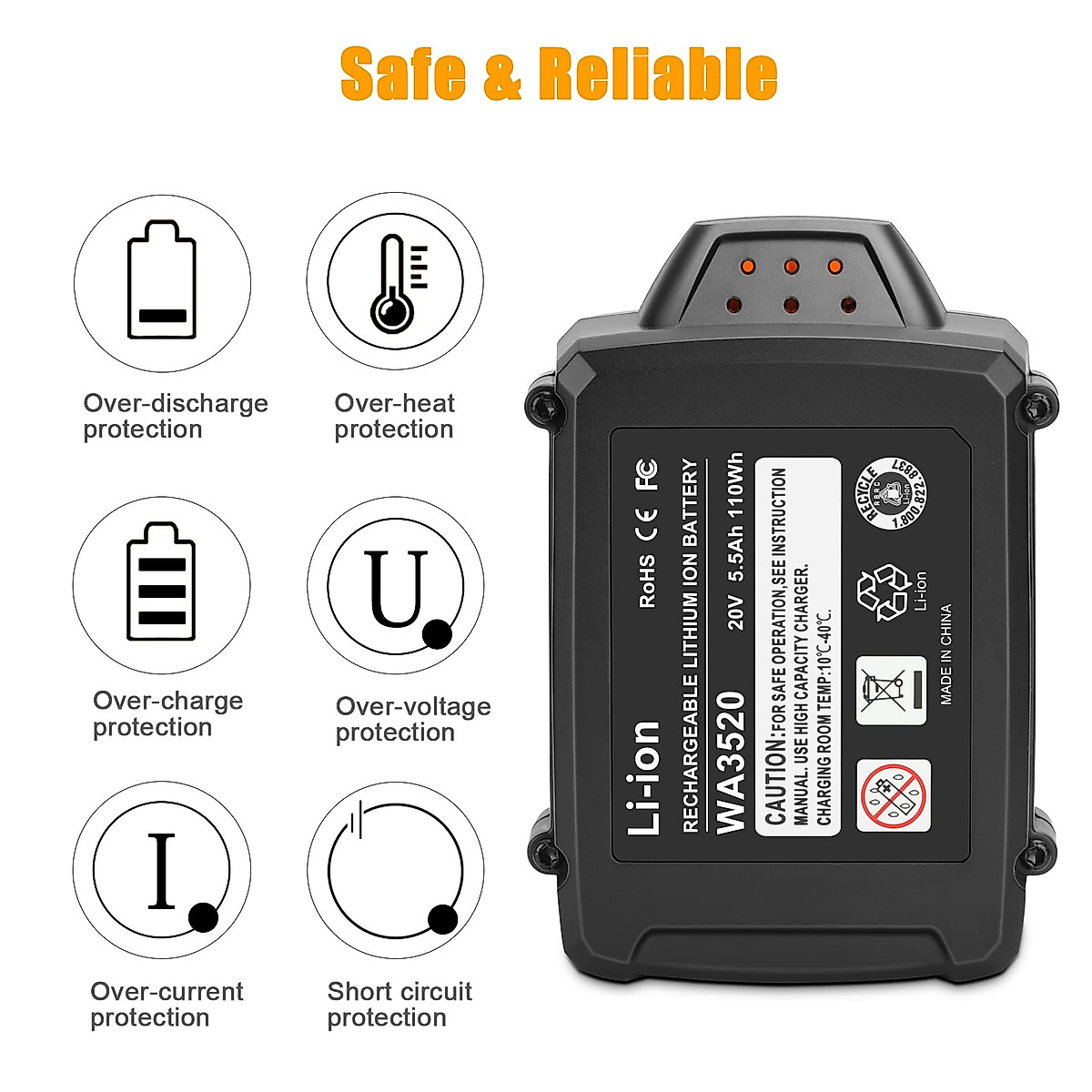 KUNLUN 2Pack Replacement for Worx Battery 20V 5.5Ah Lithium Compatible for Worx 20-Volt Battery WA3575 WA3578 WA3520 WA3525 WG151s WG155s WG251s WG255s WG540s WG545s WG890 WG891 Cordless Tools