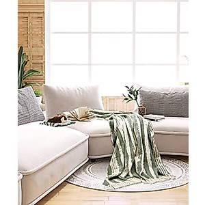 Godimerhea Green Throw Blanket Cotton White Boho Striped Decorative Blankets for Couch Sofa Bed, Soft Cozy Knit with Tassel, Rustic Shabby Chic, 50" x 60"
