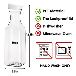 Tomnk 4 Pack 50 Oz Plastic Water Carafe with Flip Top Lid, Square Base Heavy Duty Water Containers, Mimosa Bar Supplies Beverage Pitcher for Water, Tea, Juice, Milk, Lemonade and Other Beverages