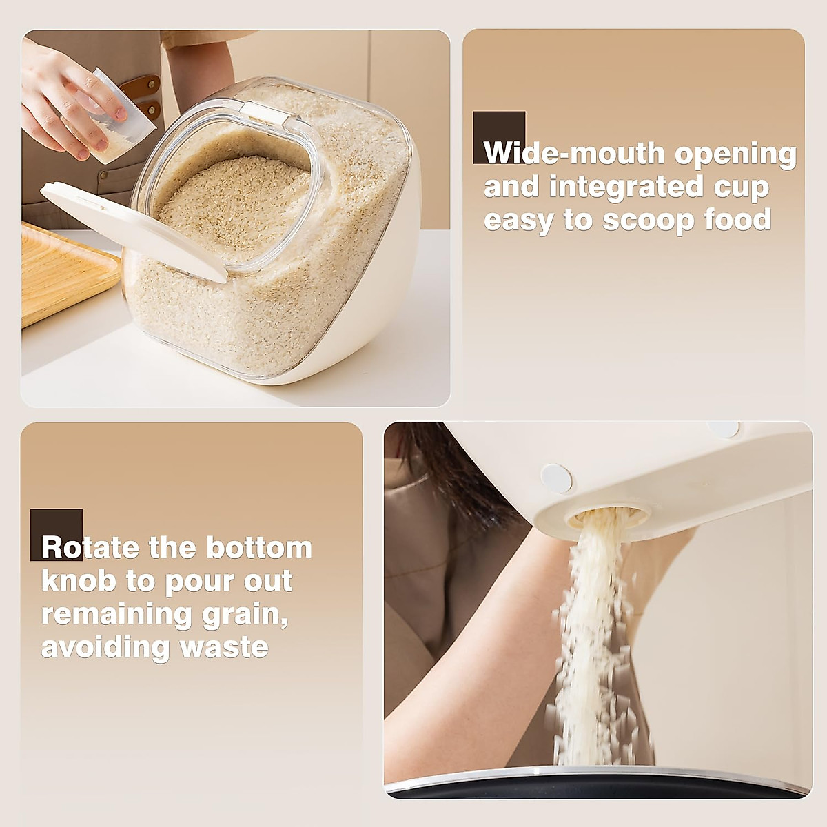 LivLab Mker Rice Container With Lid 10 Lbs Cereal Containers Storage with Lids Airtight, Pet Food Container, BPA Free, For Pet Food Kitchen Pantry Organization, Cream Color