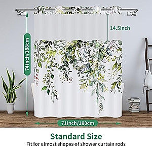 REZAYMRS Green Floral 3 in 1 Shower Curtain No Hooks, 71x74 inch Waterproof & Washable, Polyester Snap in Fabric Liner, Sheer Top Window, Double Layer Bathtubs Hotel Shower Curtains Set
