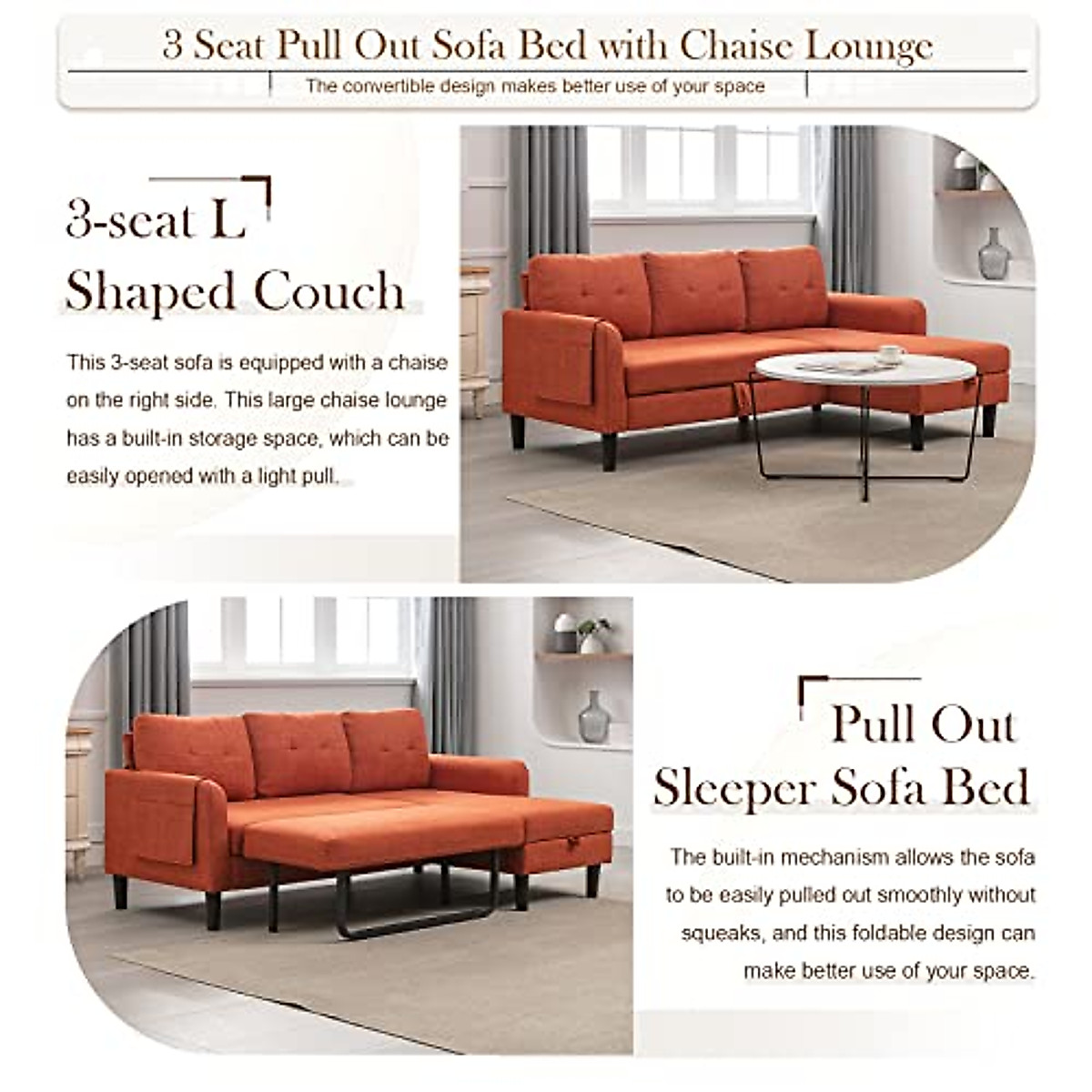 Modern Pull Out Sleeper Sofa Bed with Chaise, Comfy L Shaped Convertible Sleeper Couch with Storage and Pocket, Sectional 3 Seat Couch for Living Room Furniture or Home Office, Tufted Back - Orange