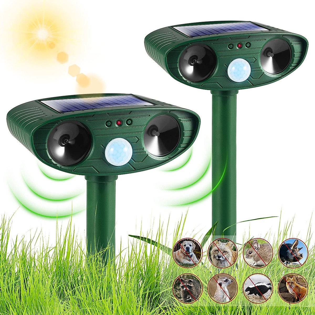 Jahy2Tech Solar Ultrasonic Animal Repellent Outdoor Cat Repellent Deer Repellent with PIR Motion Detection Squirrel Repellent Rabbit Repellent Keep Animals Rat Fox Skunk Dog Away Lawn Garden, 2 Pack