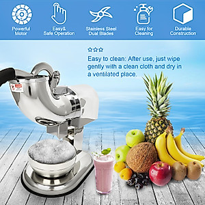 Shaved Ice Machine Electric Snow Cone Maker Machine Ice Crusher Dual Blades 440lbs/hr for Home and Commercial Ice Shaver Heavy Duty Silver