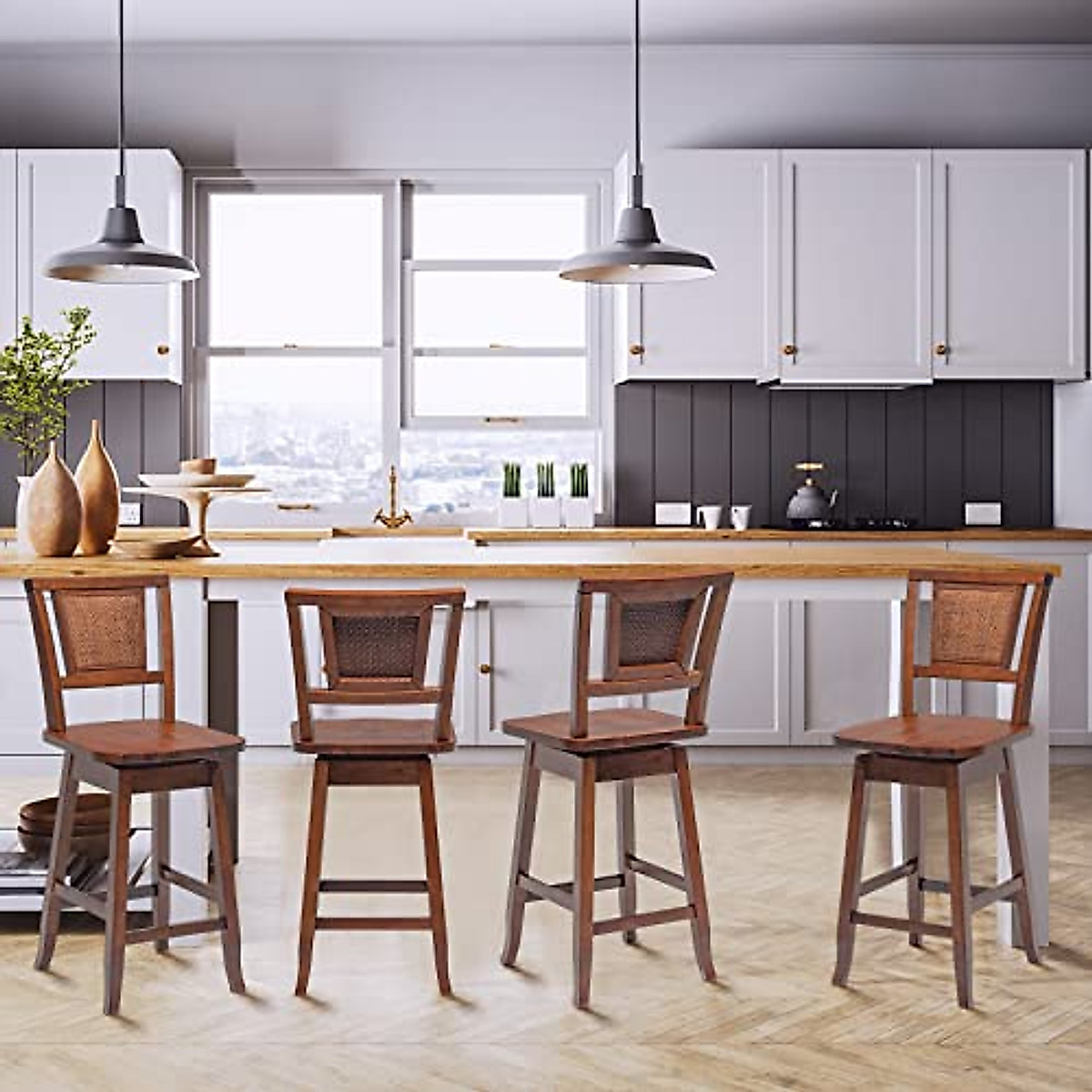 COSTWAY Bar Stools Set of 2, 24.5 Inch Counter Height Bar Stool with Rattan Back, 360°Swivel Seat, Comfortable Footrests, Rubber Wood Bar Stools for Kitchen Island, Dining Room, Cafe, Pub (2)