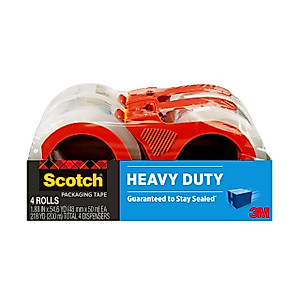 3M Scotch Heavy Duty Shipping Packaging Tape – 1.88 in x 54.6 yds, Clear – 4 Rolls with 2 Dispensers – Strong Seal for All Box Types