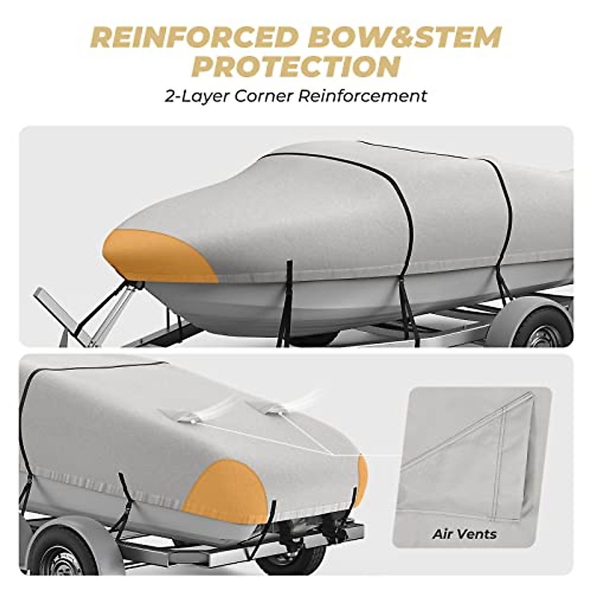 RVMasking 600D Heavy Duty Waterproof Trailerable Boat Cover with Storage Bag Fits Bass Boat, V-Hull, Runabout, Fish&Ski, Tri-Hull, Marine Grade Boat Cover Length: 17’-19’, Beam Width up to 96”