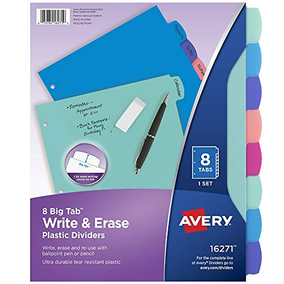 Avery Durable View 3 Ring Binder, 1-1/2 Inch Slant Rings, 1 Pink Binder (17833) & Durable Plastic 8-Tab Write & Erase Big Tab Dividers for 3 Ring Binders, Pastel Brights (16271)