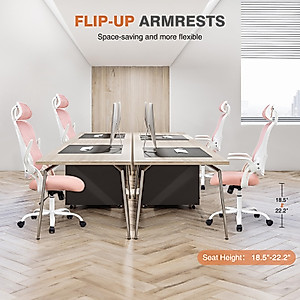 Sweetcrispy Office Computer Desk Chair, Ergonomic High-Back Mesh Rolling Work Chairs with Wheels and Adjustable Headrests, Comfortable Lumbar Support, Comfy Flip-up Arms for Home,Bedroom,Study, Pink