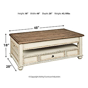 Signature Design by Ashley Realyn Vintage Farmhouse Rectangular Lift Top Coffee Table with Storage Drawer, White & Brown