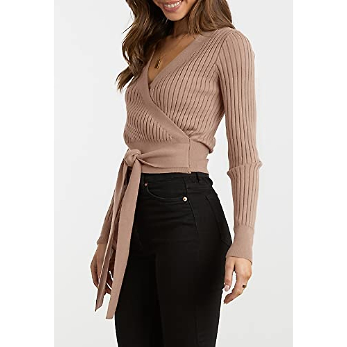 BTFBM Women Wrap Deep V Neck Cropped Sweaters Long Sleeve High Waist Tie Front Slim Fit Ribbed Knit Pullover Sweater Top(Solid Khaki, Small)