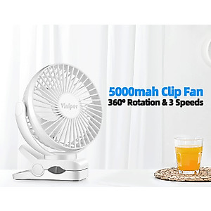 Viniper 6 inch Rechargeable Clip on Fan, 5000mah Battery Desk Fan : 360° Rotation & 3 Speeds Strong Wind Portable Fan, 8-30 Working Hours, Quiet and Powerful (White)