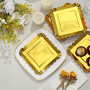 Efavormart 50 Pack | 5" Gold Foil Scalloped Rim Dessert Paper Plates, Disposable Square Appetizer Plates