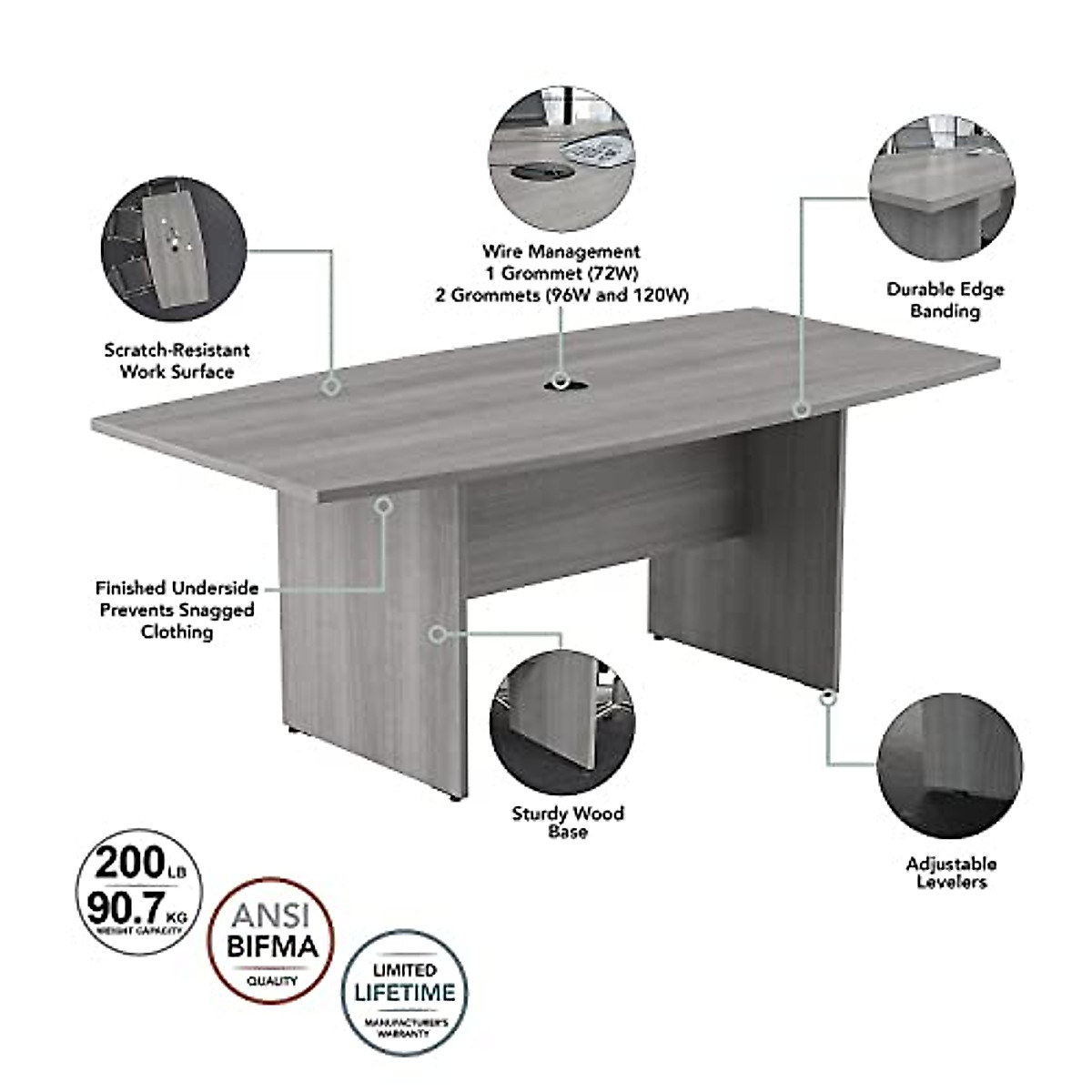 Bush Business Furniture Conference Table for 8-10 People | Boat Shaped 10 FT Engineered Wood Meeting Desk with Wooden Base for Office Boardrooms, 120W x 48D, Platinum Gray