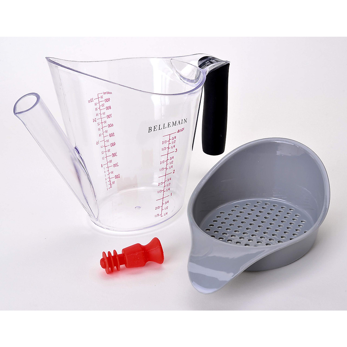 Bellemain 4-Cup Fat Separator/Measuring Cup with Strainer & Fat Stopper / 1 Liter Capacity