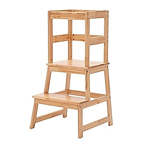 Kids Kitchen Step Stool for Kids with Safety Rail,Solid Wood Construction Toddler Learning Stool Tower, Montessori Toddlers Kitchen Stool (Natural)