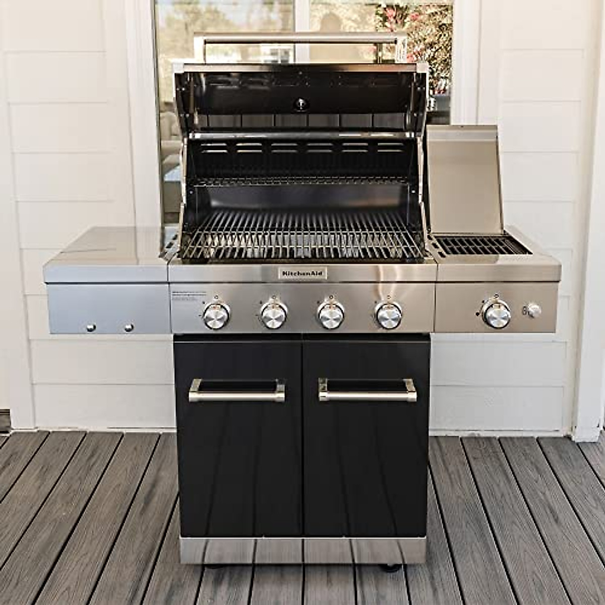 KitchenAid 720-0954L 4-Burner Stainless Steel Free Standing 55000 BTU Propane Gas Grill with Black Cabinet and Side Burner